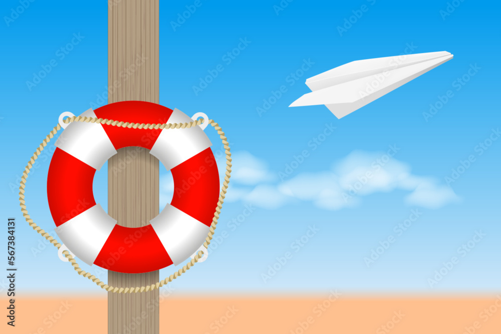 Seascape. Sandy beach, bright lifebuoy and paper plane in the cloudy ...