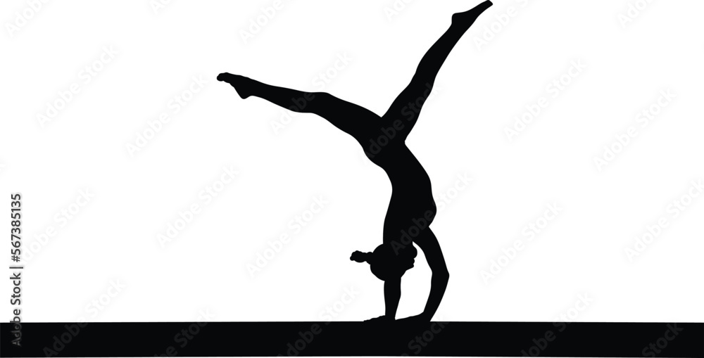 girl gymnast handstand exercise on balance beam black silhouette Stock ...