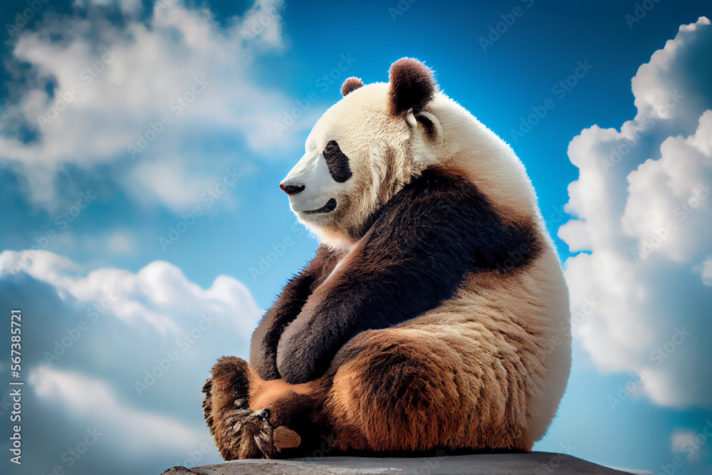 Giant panda and blue sky in the background. The portrait of a panda in ...