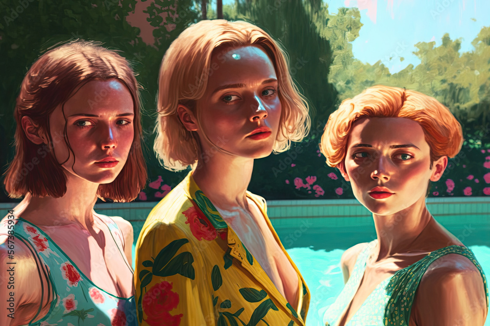 three girlfriend girls in swimsuits by the pool in summer on vacation ...