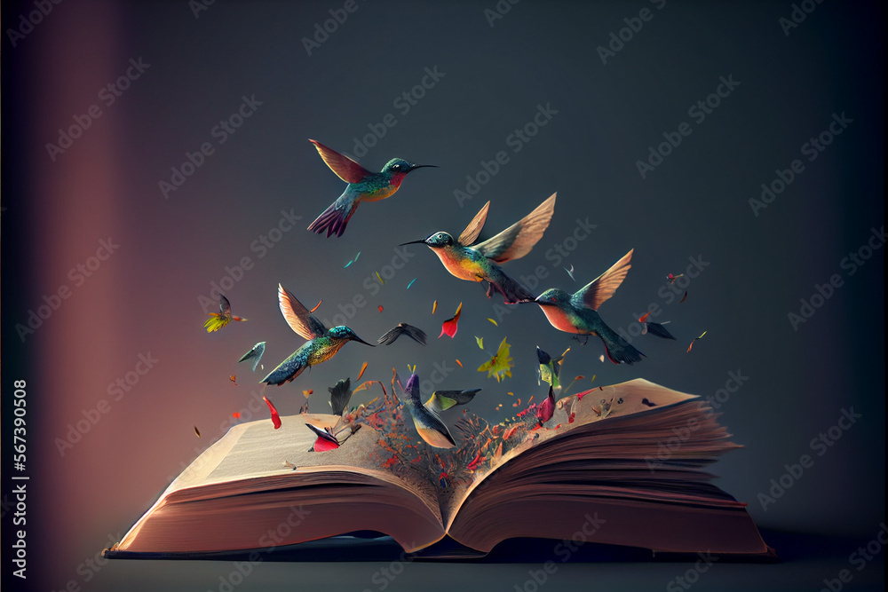 Abstract illustration, a flock of hummingbird birds flies out of an ...
