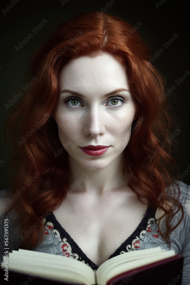 Portrait of a fair-skinned, red-haired young woman reading a book - AI ...