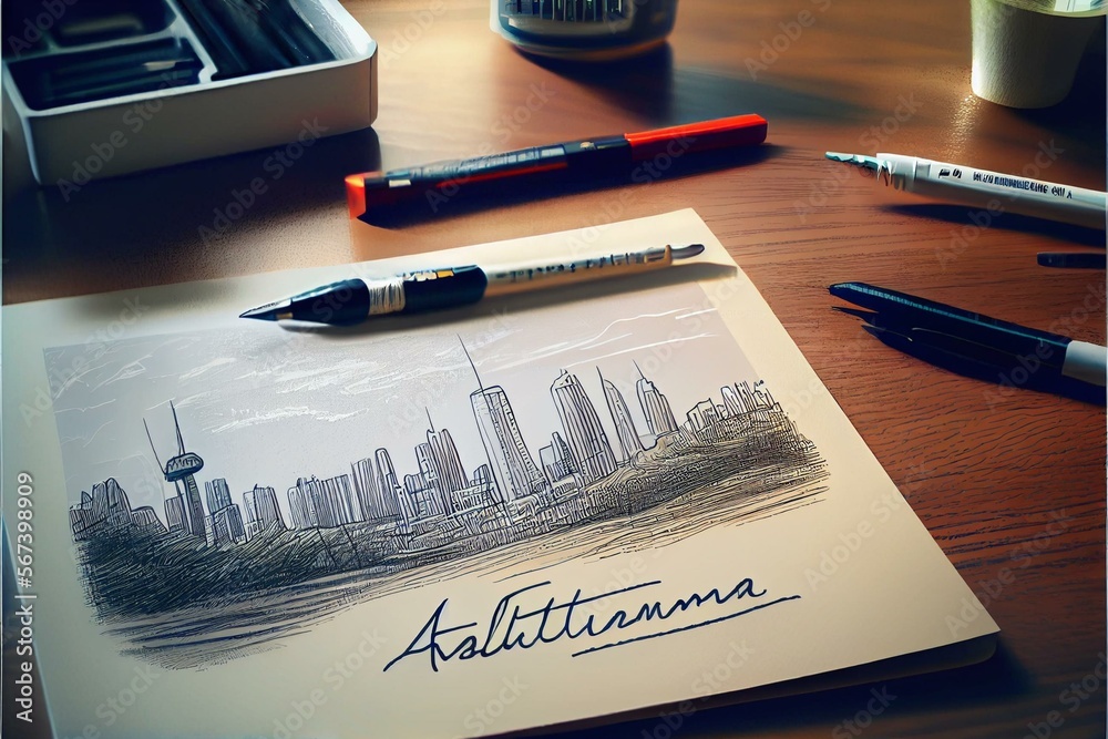 welcome to Atlanta writing with skyline line drawing. Simple hand drawn ...