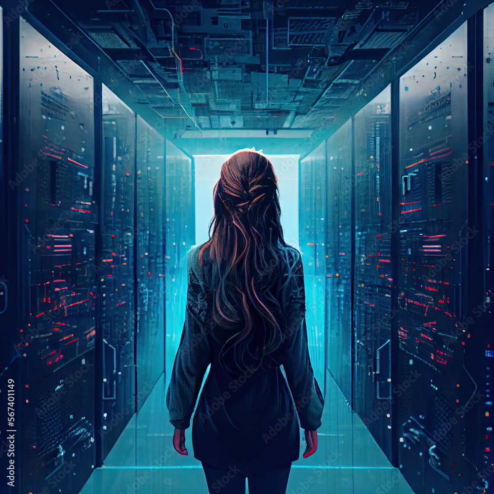 female IT engineer is shown from behind as she works in a modern data ...