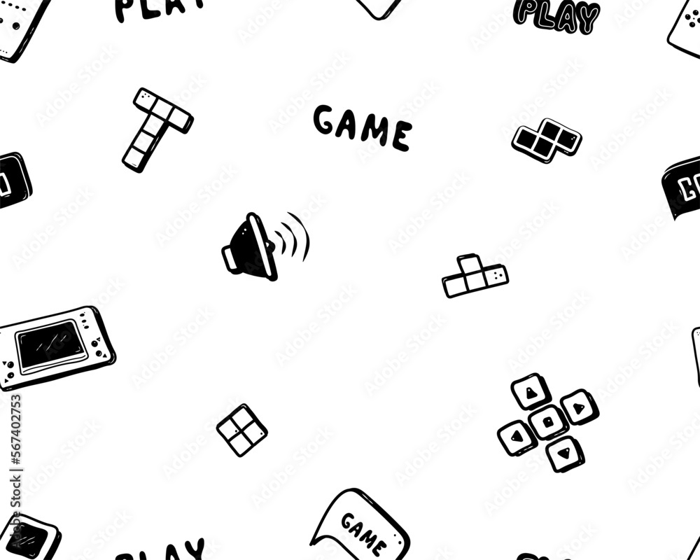 Retro vibe doodle seamless pattern. Video game hand drawn console ...