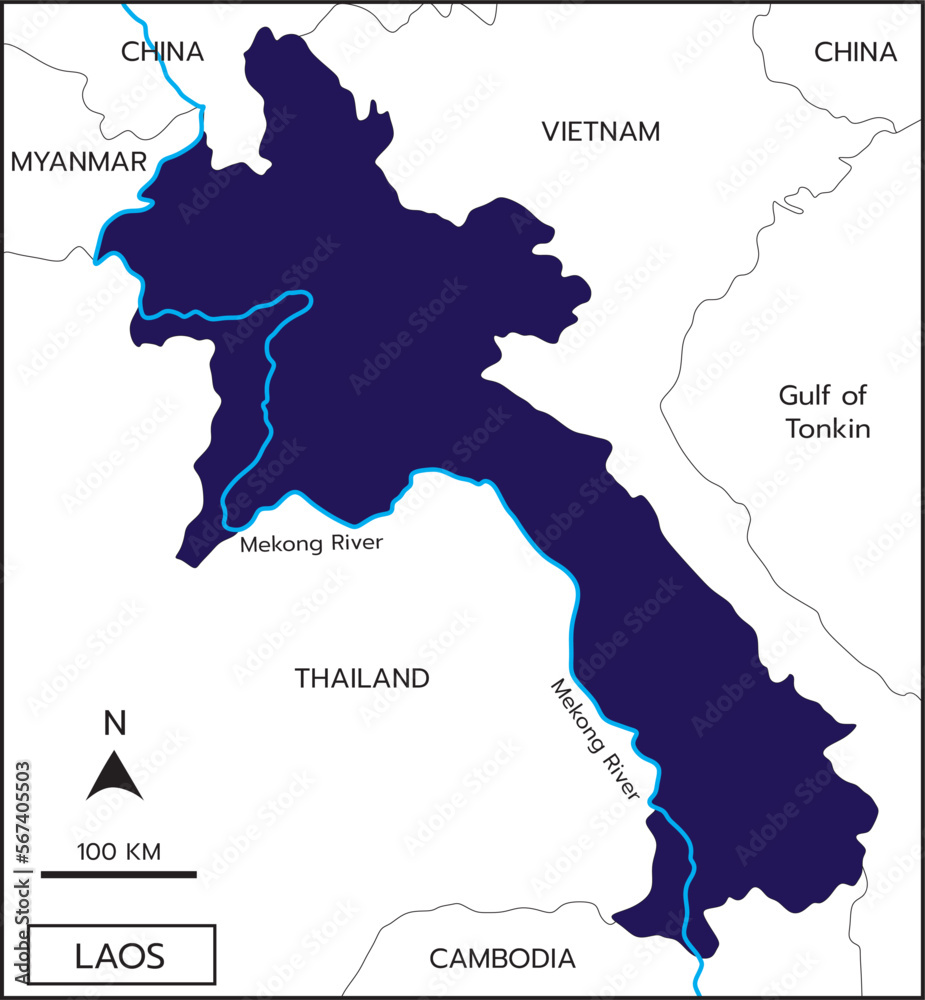 Map of Laos includes tree regions and Mekong River, borderline ...