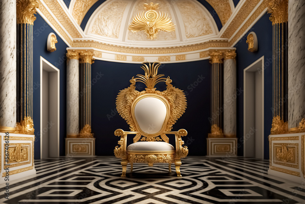 The Throne Room with Red royal chair on a background of red curtains. A ...