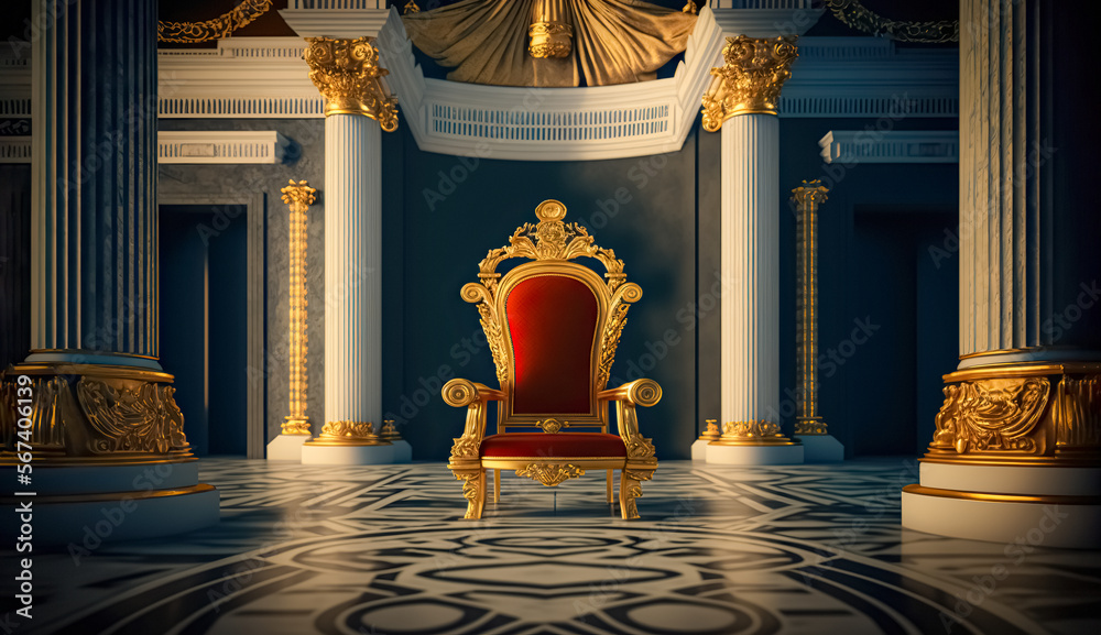 The Throne Room with Red royal chair on a background of red curtains. A ...