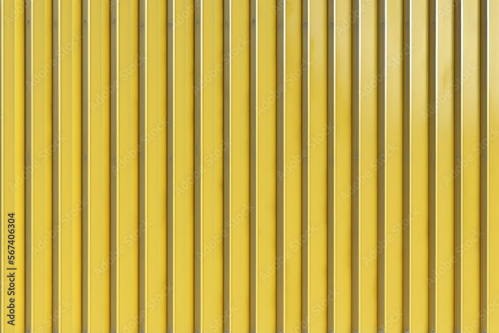 A corrugated fence of yellow metal sheets with screw. Texture of metal ...