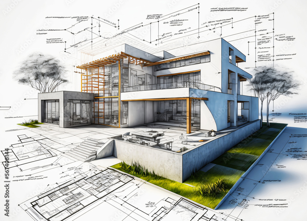 building project plan blueprint of a modern house. Designed using generative ai Stock ...