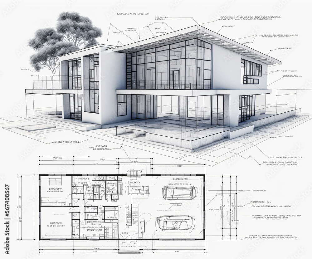 building project plan blueprint of a modern house. Designed using generative ai Stock ...