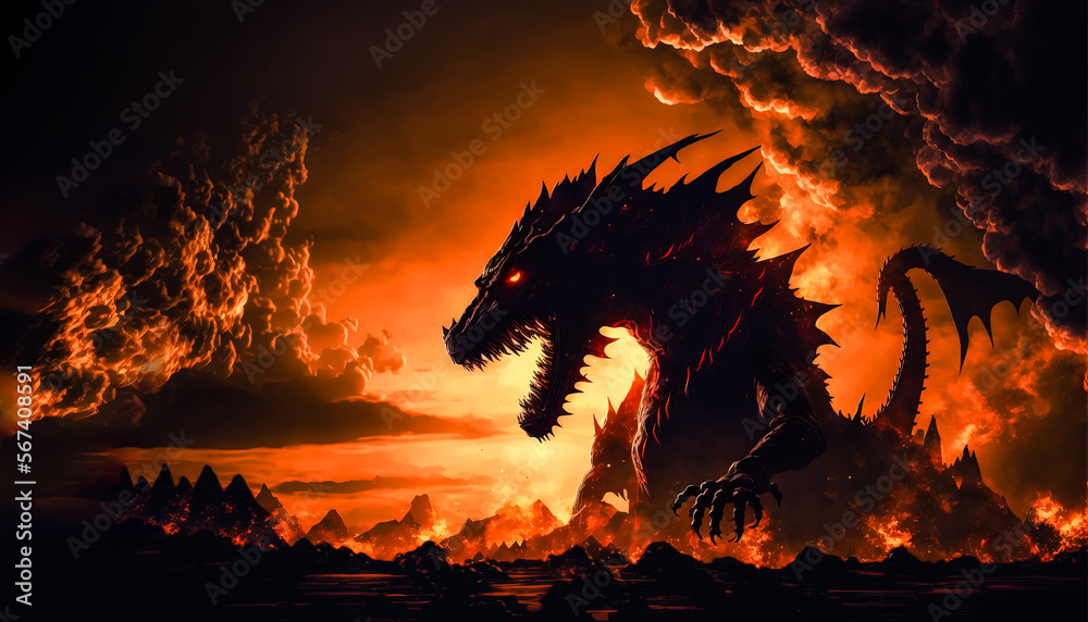 Dragon Breathing Fire, fiery orange sunset. Mythology Dragon Creature ...