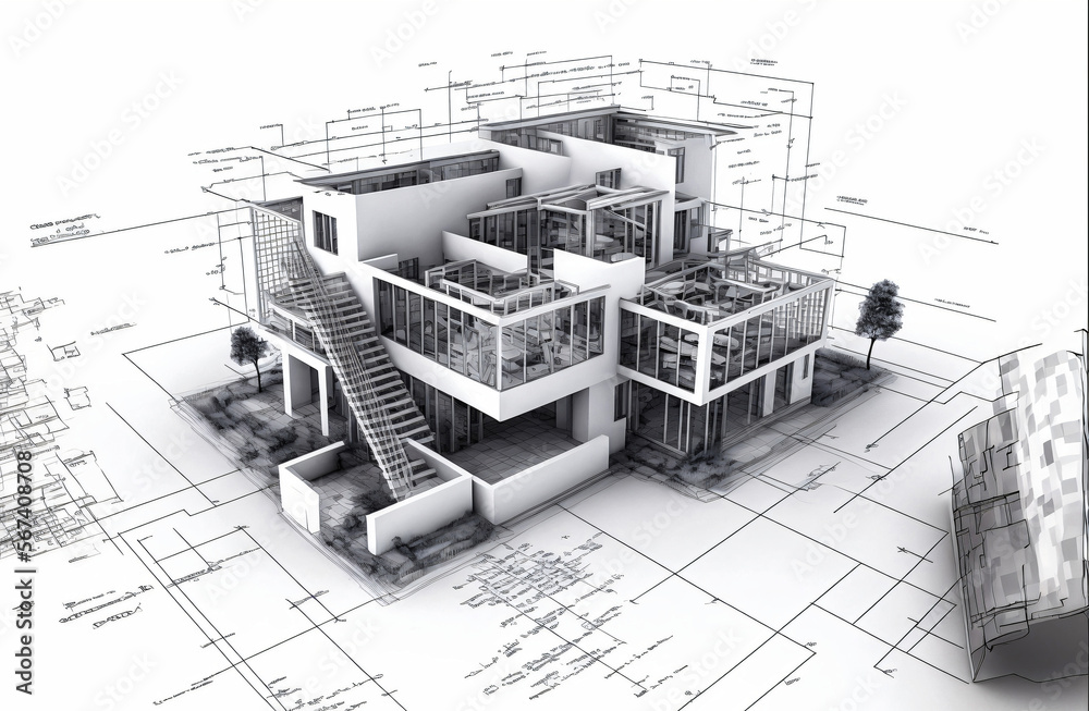 building project plan blueprint of a modern house. Designed using generative ai Stock ...