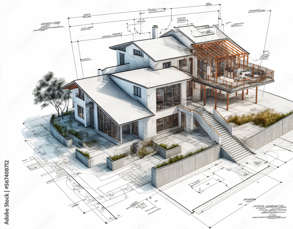 building project plan blueprint of a modern house. Designed using generative ai Stock ...