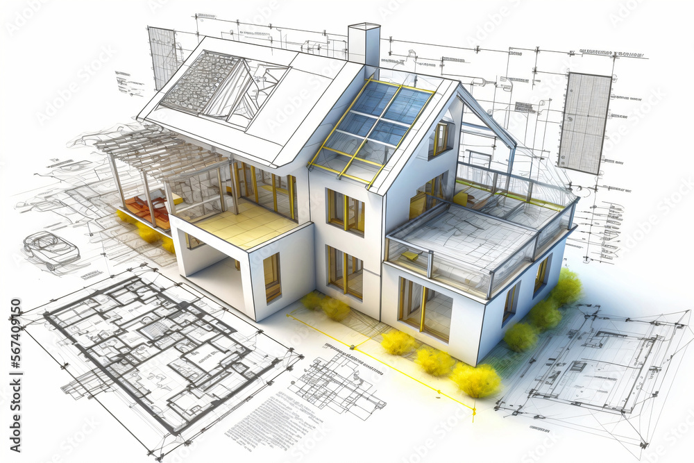 building project plan blueprint of a modern house. Designed using generative ai Stock ...