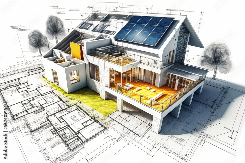 building project plan blueprint of a modern house. Designed using generative ai Stock ...