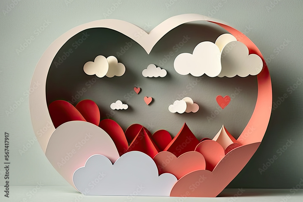 Heart-Shaped Papercraft Diorama with Clouds in a Valley of Hearts Stock ...