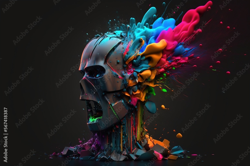 Head Of A Robot Is Exploding With Splash Of Colours Creative Capability