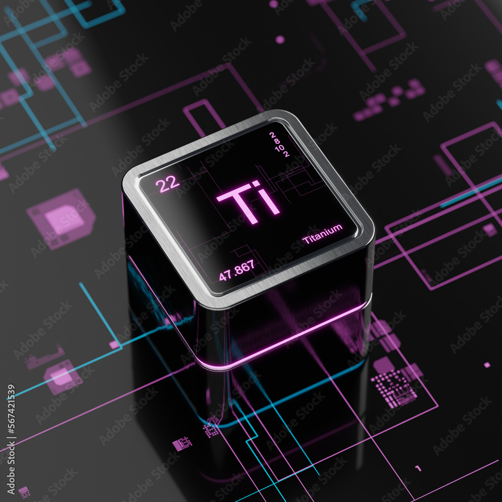 Titanium element symbol in periodic table, metallic cube with LCD black ...