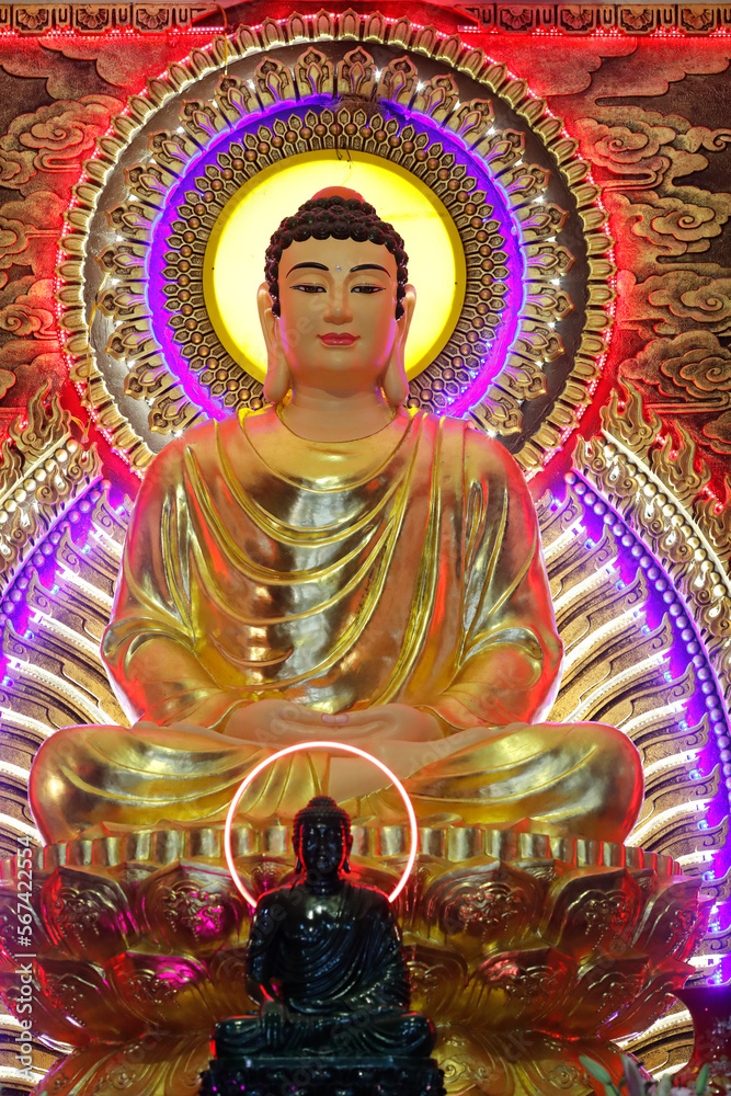 The Enlightenment of the Buddha, main altar with golden Buddha statue ...