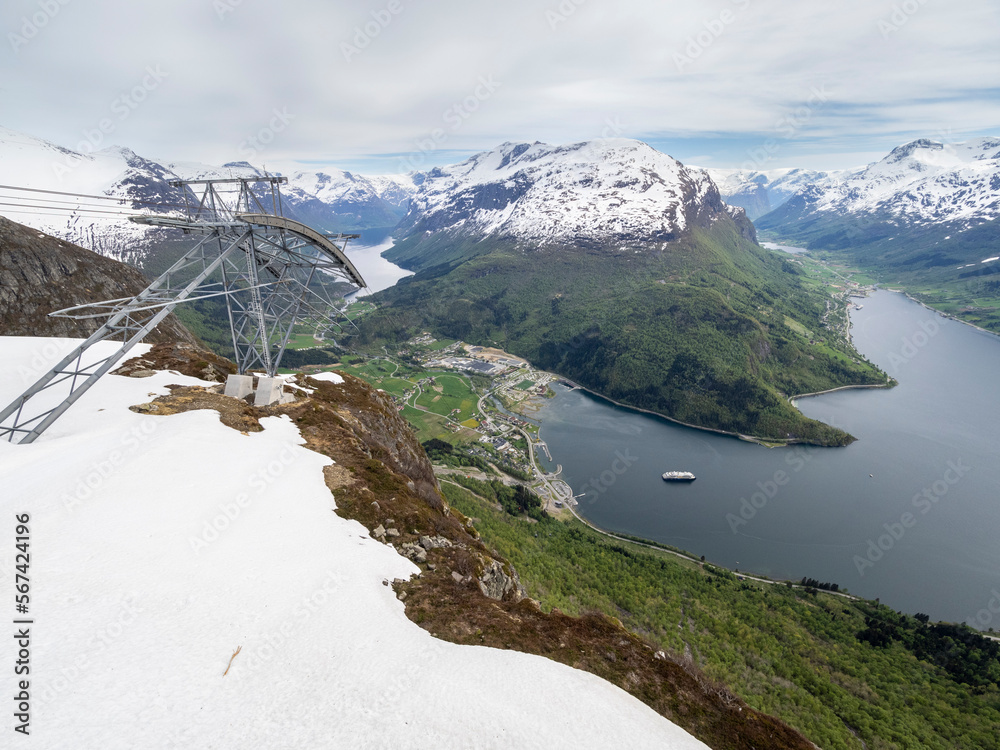 A view of the town of Loen from the aerial tramway Loen Skylift from Mount Hoven above Nordfjord ...