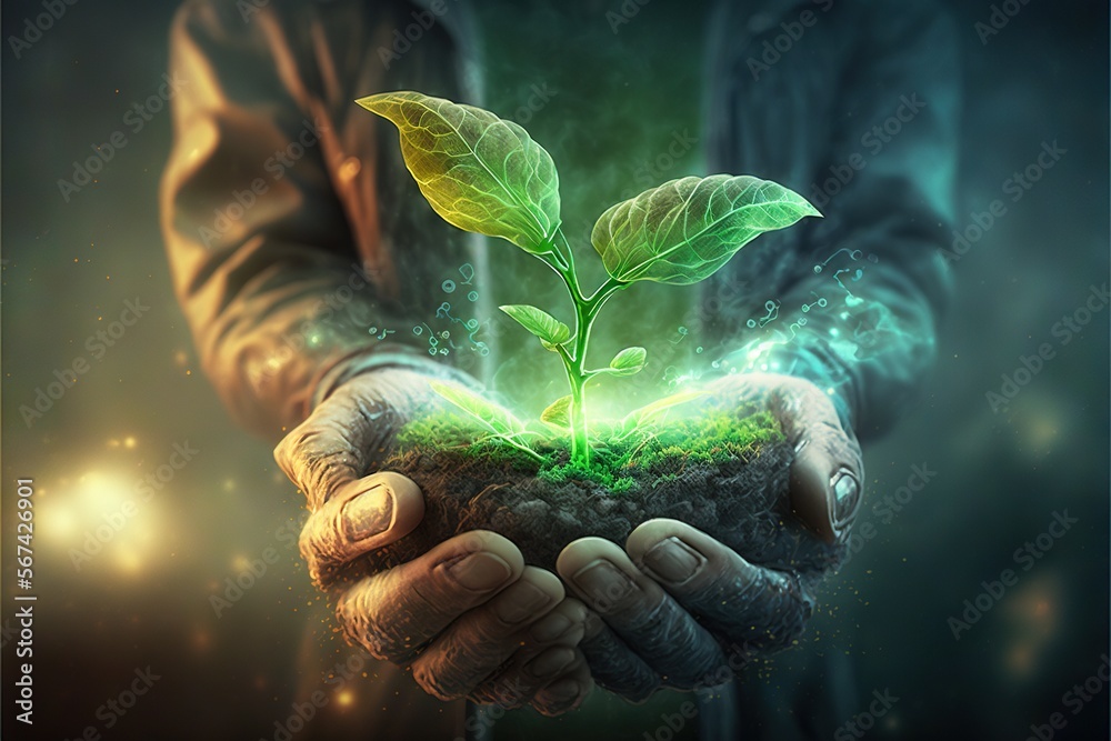 a person holding a small plant in their hands, with a blurred ...
