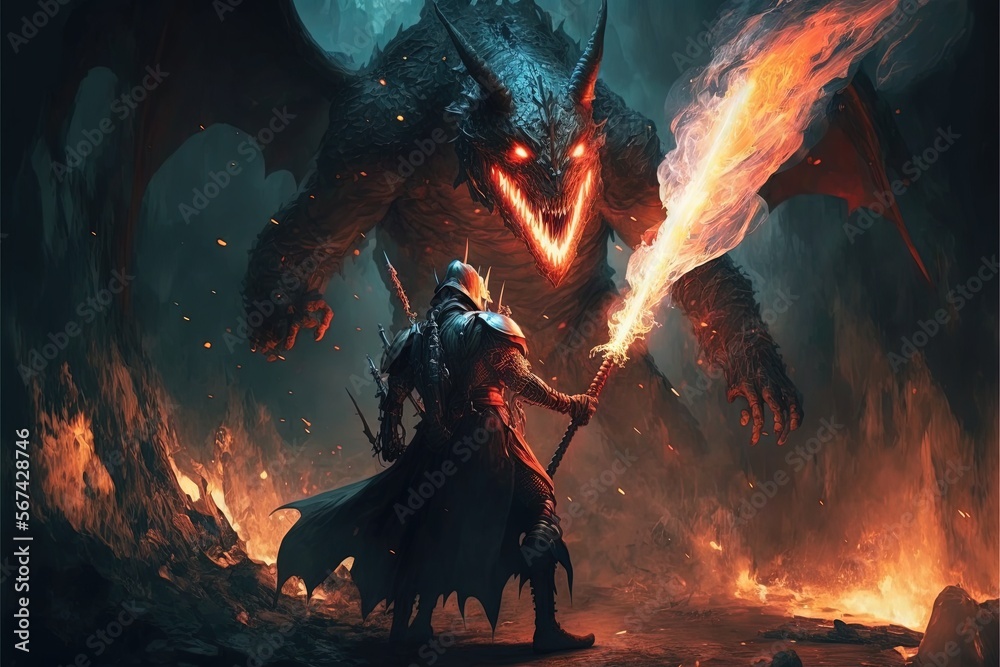 a man in armor holding a sword in front of a demonic monster with ...