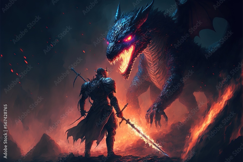 a man with a sword standing next to a dragon in a dark forest with lava ...