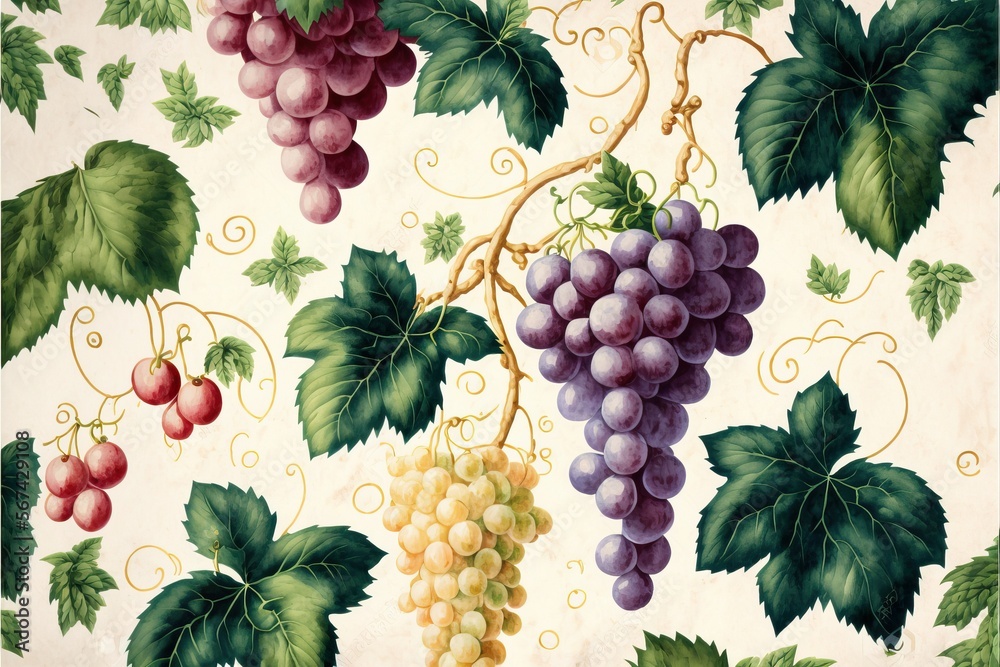 Grapes vintage full background pattern watercolor (Ai generated) Stock ...