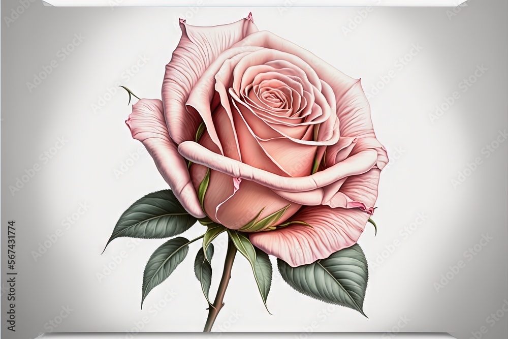 a drawing of a pink rose with green leaves on a white background with a ...