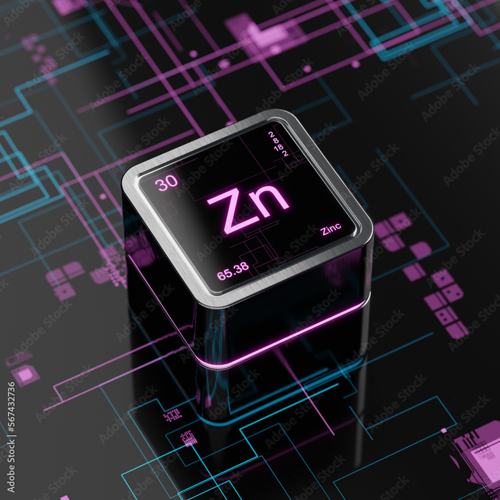 Zinc element symbol in periodic table, metallic cube with LCD black ...