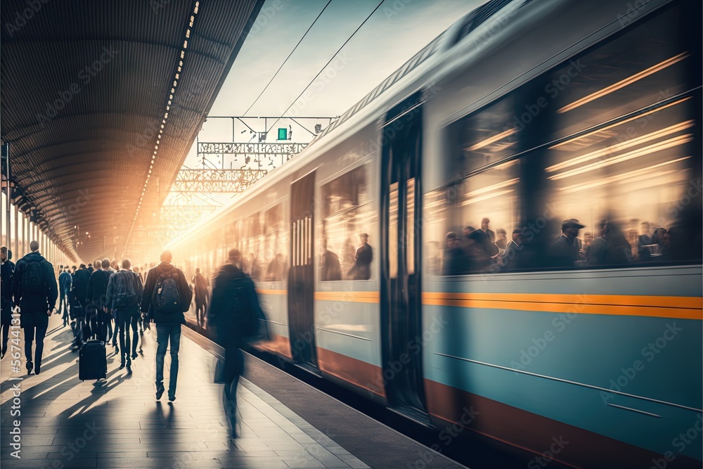 a group of people walking on a train platform next to a subway train ...