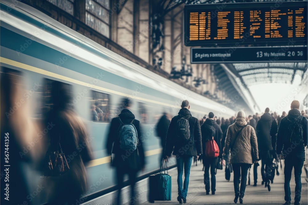 Illustrazione Stock a group of people walking next to a train at a ...