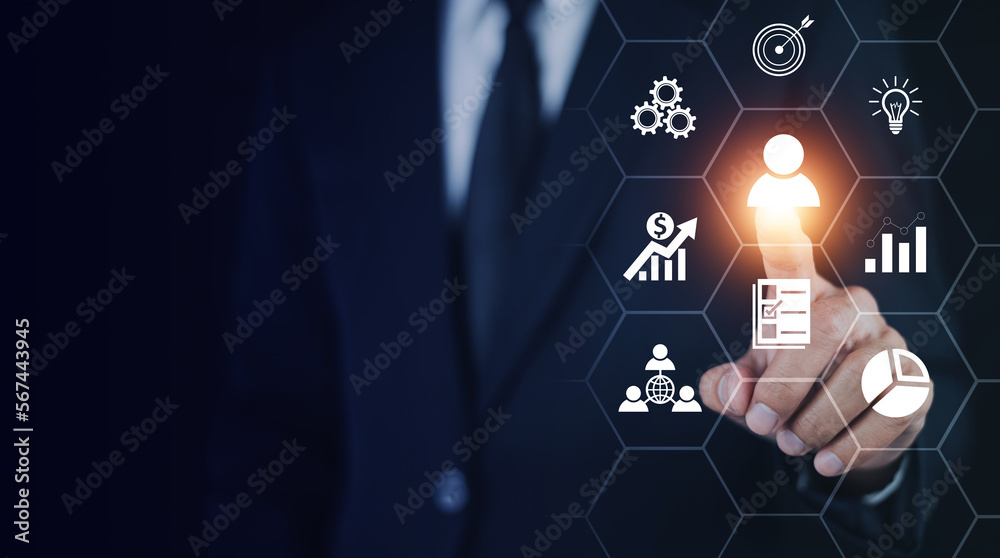 Businesspeople touching on screen to target customer. Target customer ...