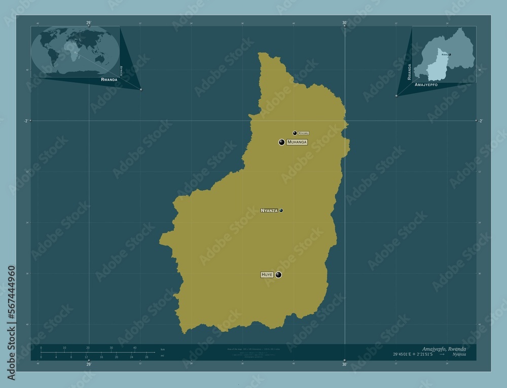 Amajyepfo, Rwanda. Solid. Labelled points of cities Stock Illustration ...