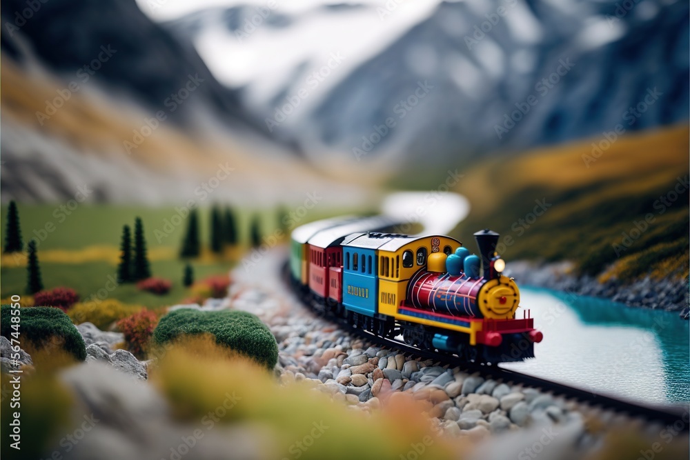a toy train is on a track near a mountain lake and pine trees and a ...