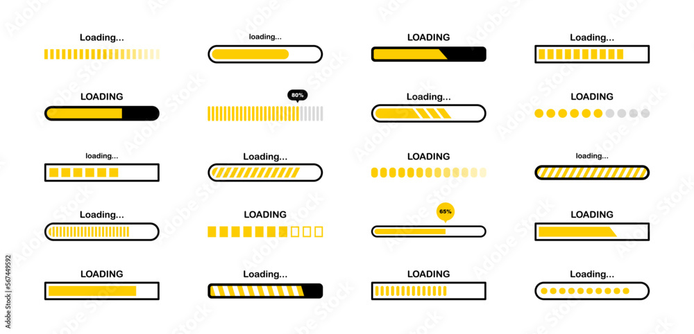Loading bar icon set. Load signs. Download indicator sign. Progress loading bar. Upload symbol ...