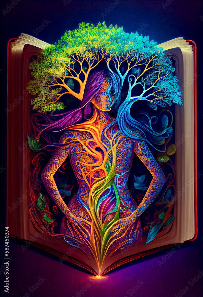 Generative AI abstract render of the tree of life rising from a book ...