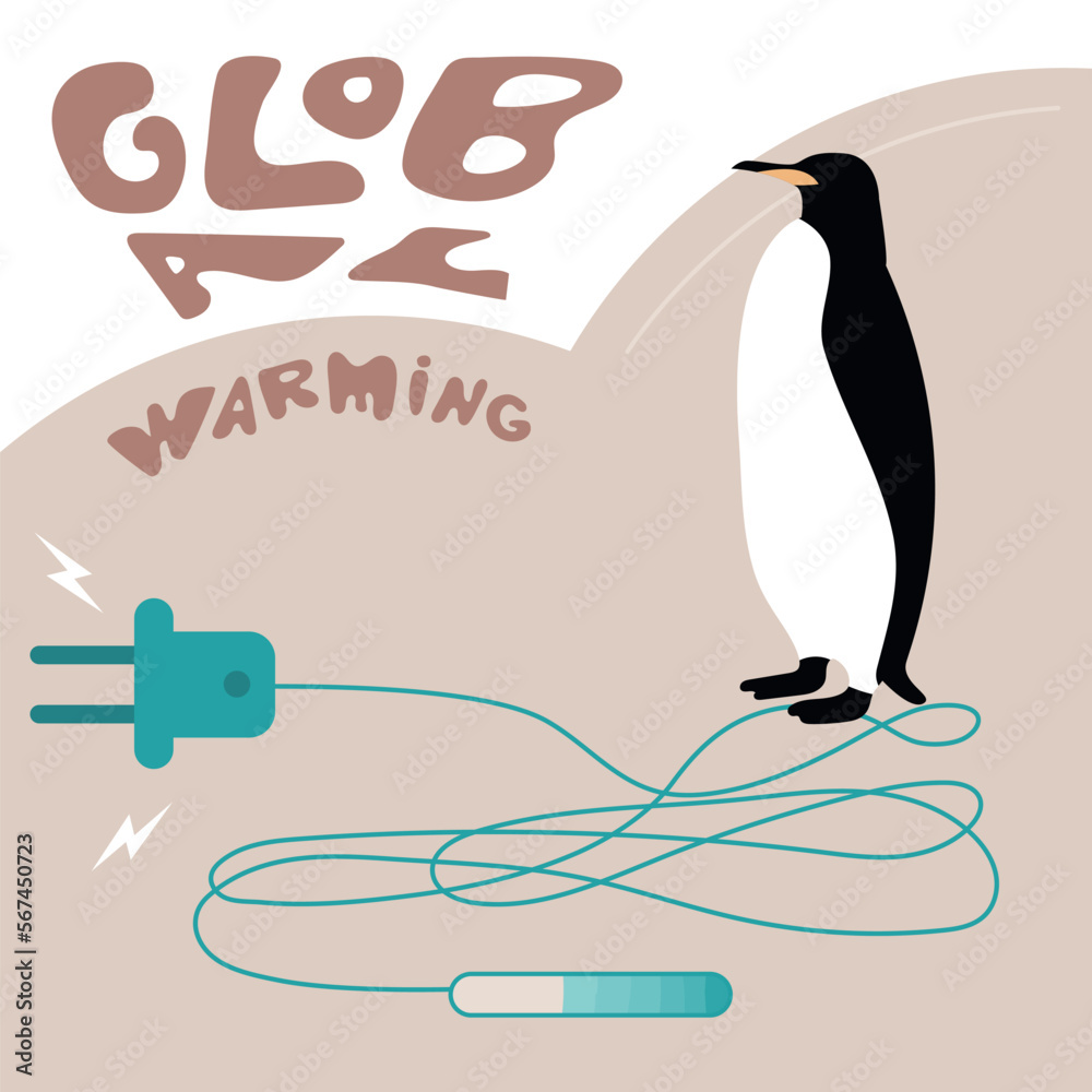 Lettering GLOBAL WARMING and penguin. Climate change SAVE EARTH NOW ...