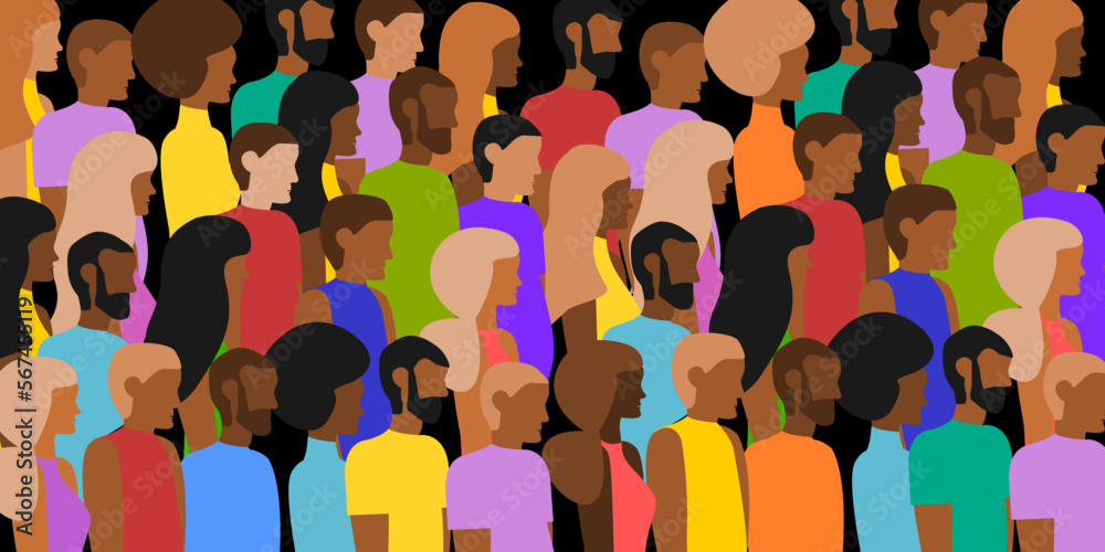 Large diverse crowd. People of different skin tone and hair color in ...