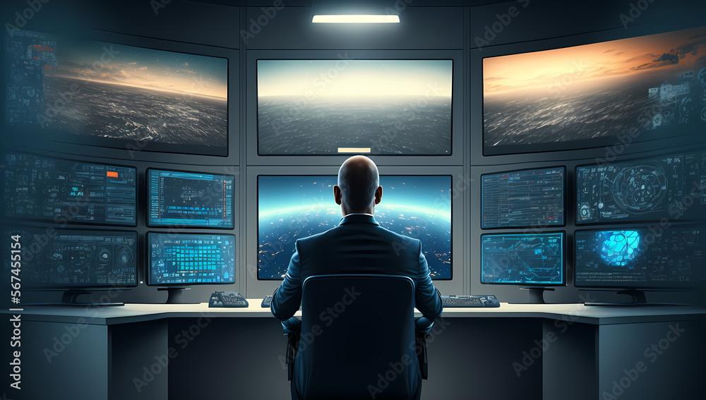 Security guard monitoring Computer Screen CCTV cameras indoors ...