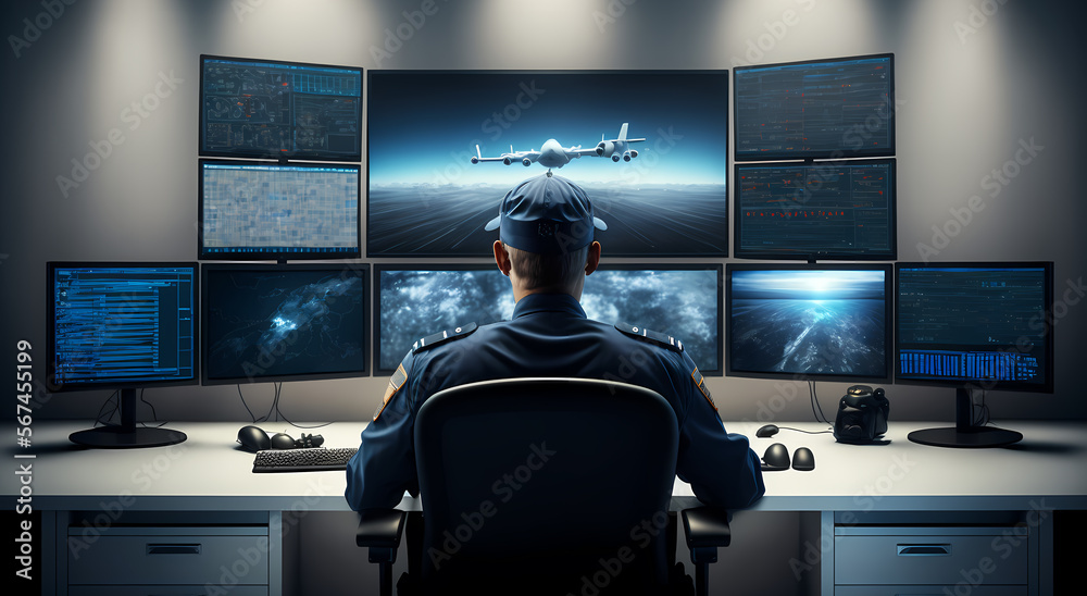 Air radar traffic Center, Airplane controller working airport tower ...