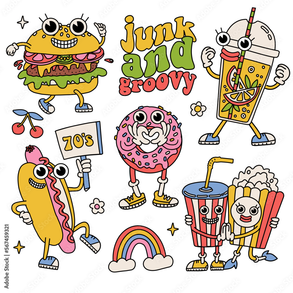 Colorful retro cartoon fast food and takeaways characters set with hot ...