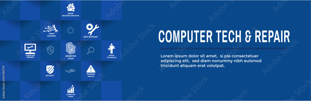 Information technology Web Header Banner with Wrench, Computer Repairman, computer icons, etc ...