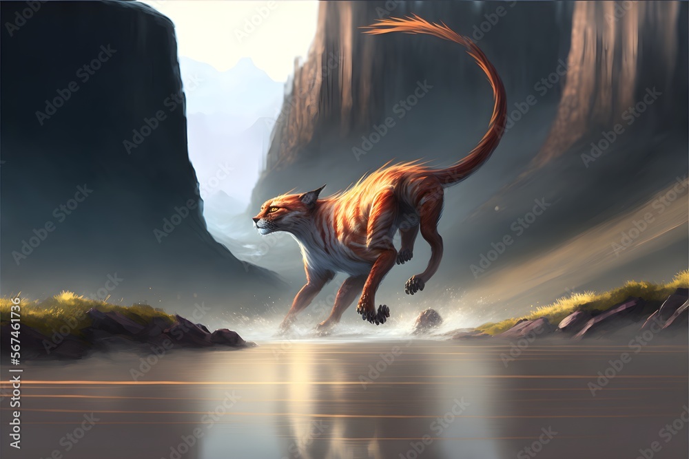 giant long tailed feline orange colored creature running across river ...