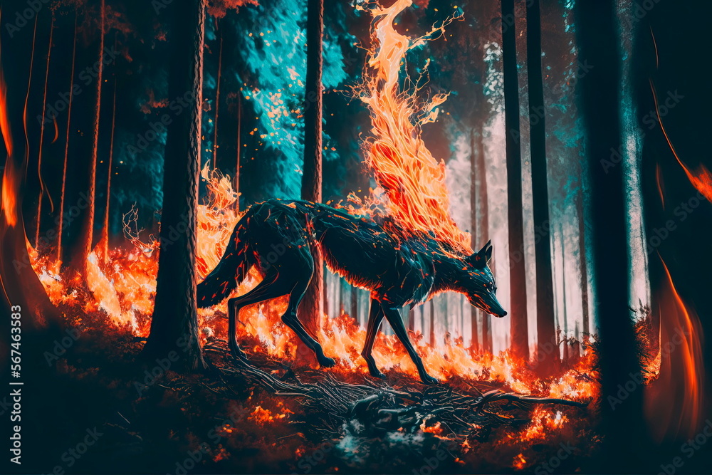 Animals run away from forest fire. Natural disasters Generative AI ...