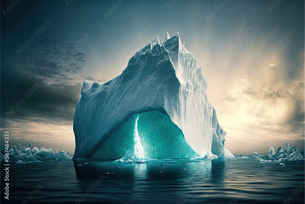 An imposing large iceberg floats in the cold Atlantic Sea. Depth, high ...