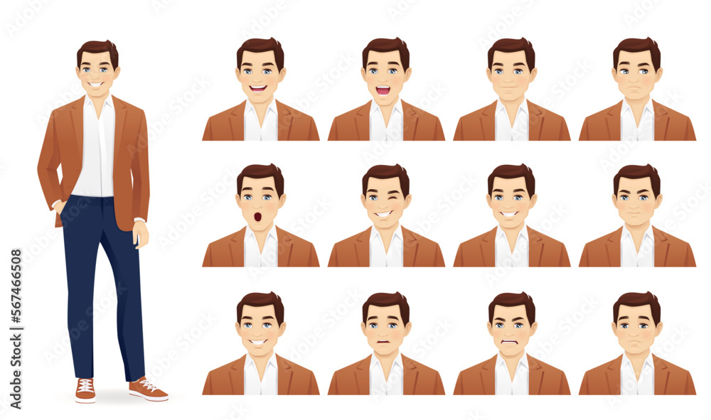 Handsome business young man in casual clothes with different facial ...