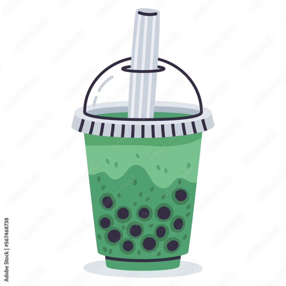 Cartoon matcha bubble tea. Hand drawn tapioca pearls boba tea, doodle ...