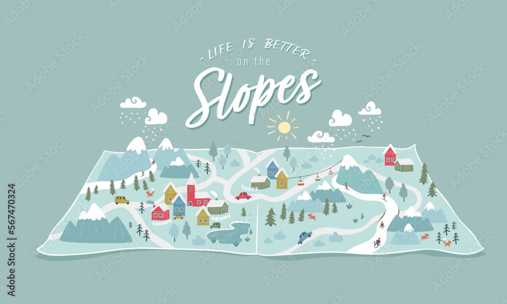 Cute hand drawn map with snow, mountains, cute villages, slopes. 3d ...